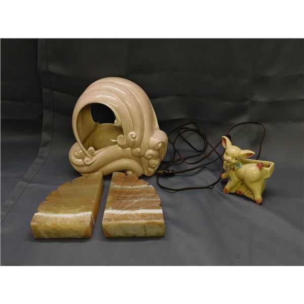 Lot of 3 Ceramic Pink Shell Clock, Sheep Planter and Stone Bookends