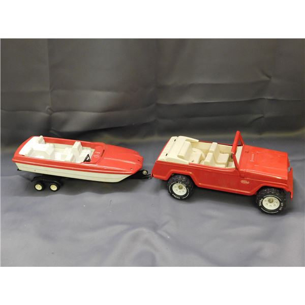Red Tonka Jeep Jeepster With Boat and Trailer