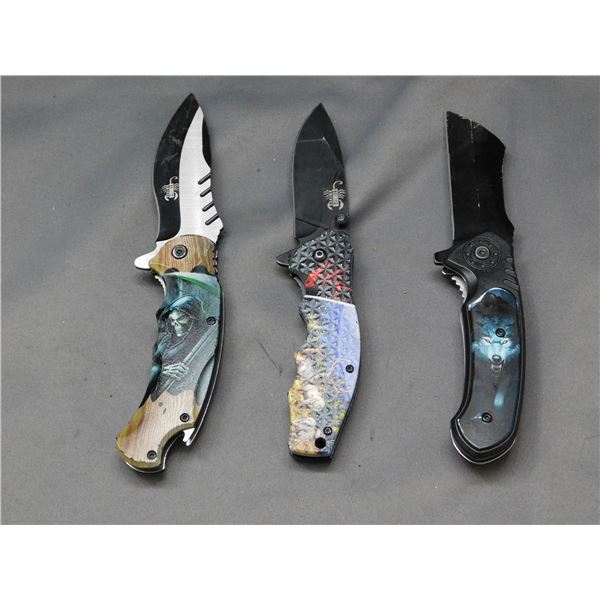 Lot of 3 Spring Assist Tactical Knives, Grim Reaper, Wolf Designs