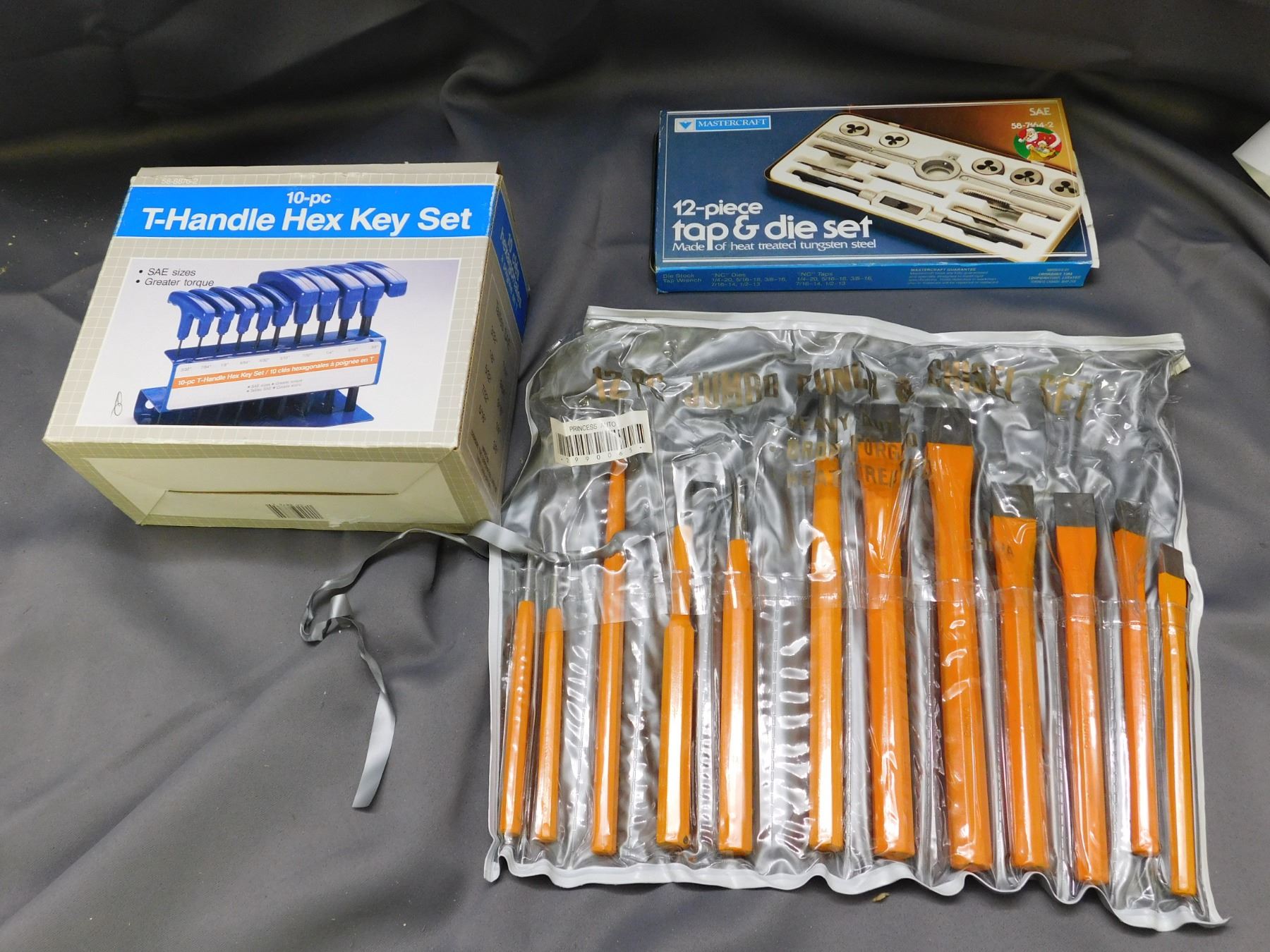 Lot of 3 12 Piece Jumbo Punch & Chisel Set, 12 Piece Tap and Die Set ...