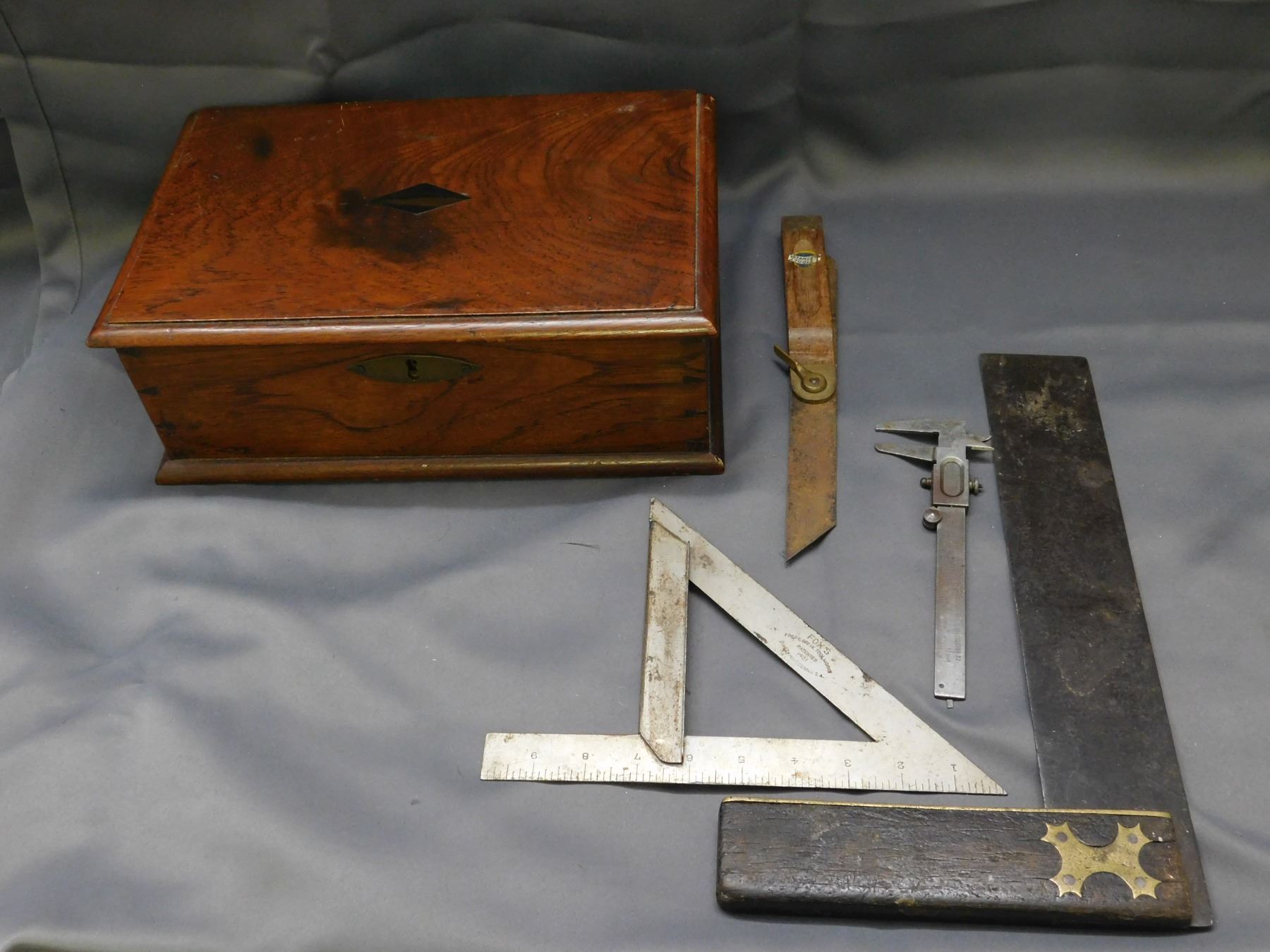 Lot of 5 Antique Tools, Measuring Rulers, Wooden Box, Levels etc