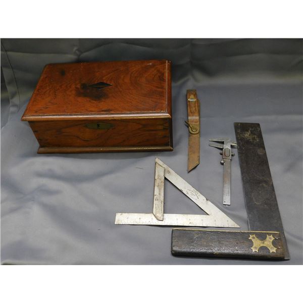 Lot of 5 Antique Tools, Measuring Rulers, Wooden Box, Levels etc