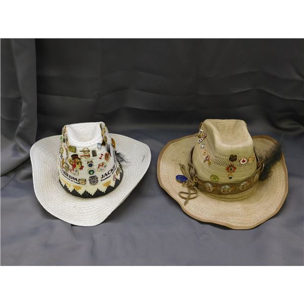 2 Cowboy Hats Full of Lapel Pins Union Teamsters Expo Marine Lawson Etc