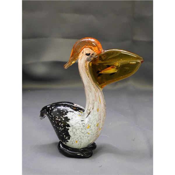 Art Glass Blown Glass Pelican with Fish in Mouth 7"