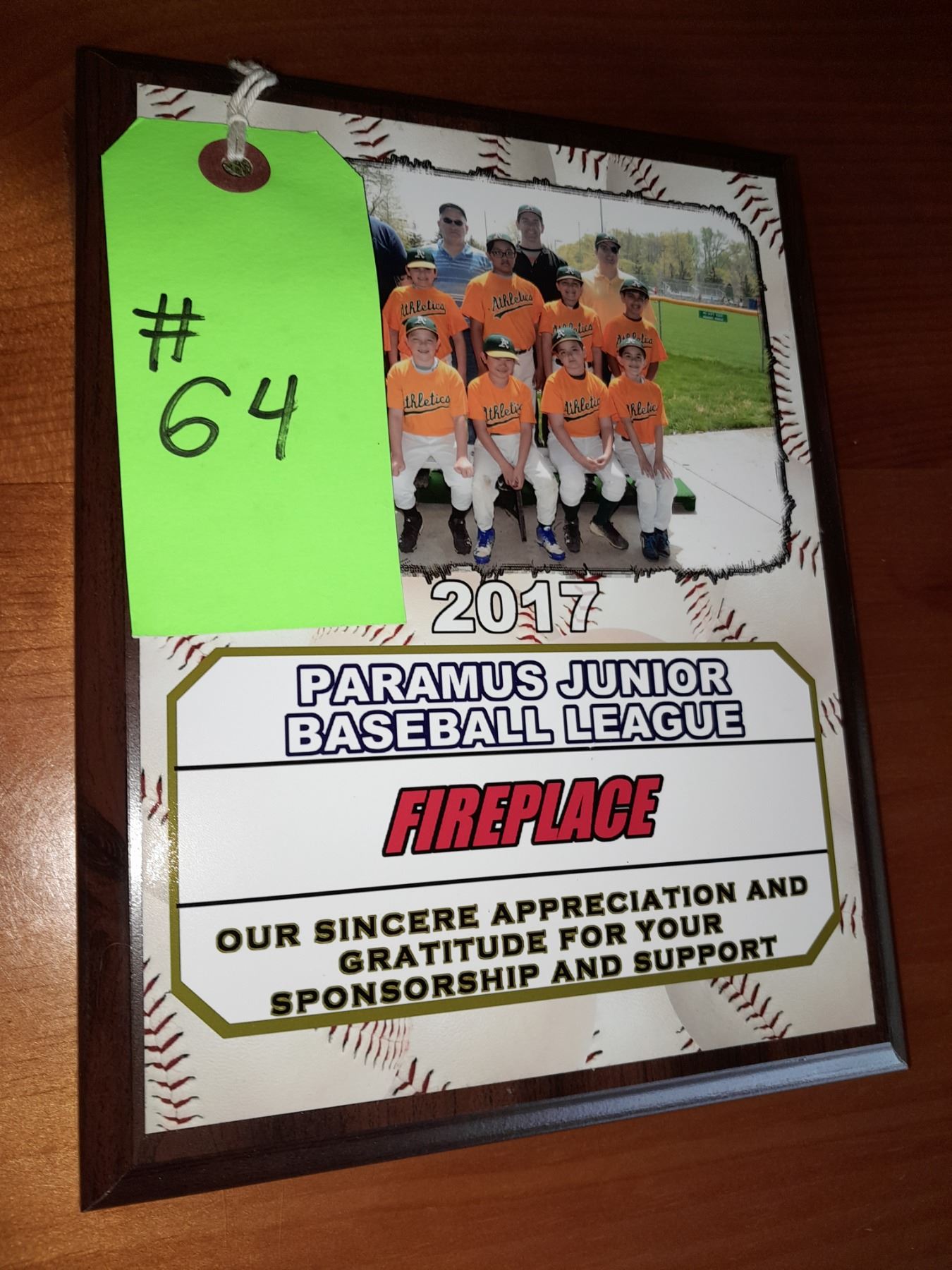 The Fireplace Restaurant - Paramus Baseball Team Plaque (2017)