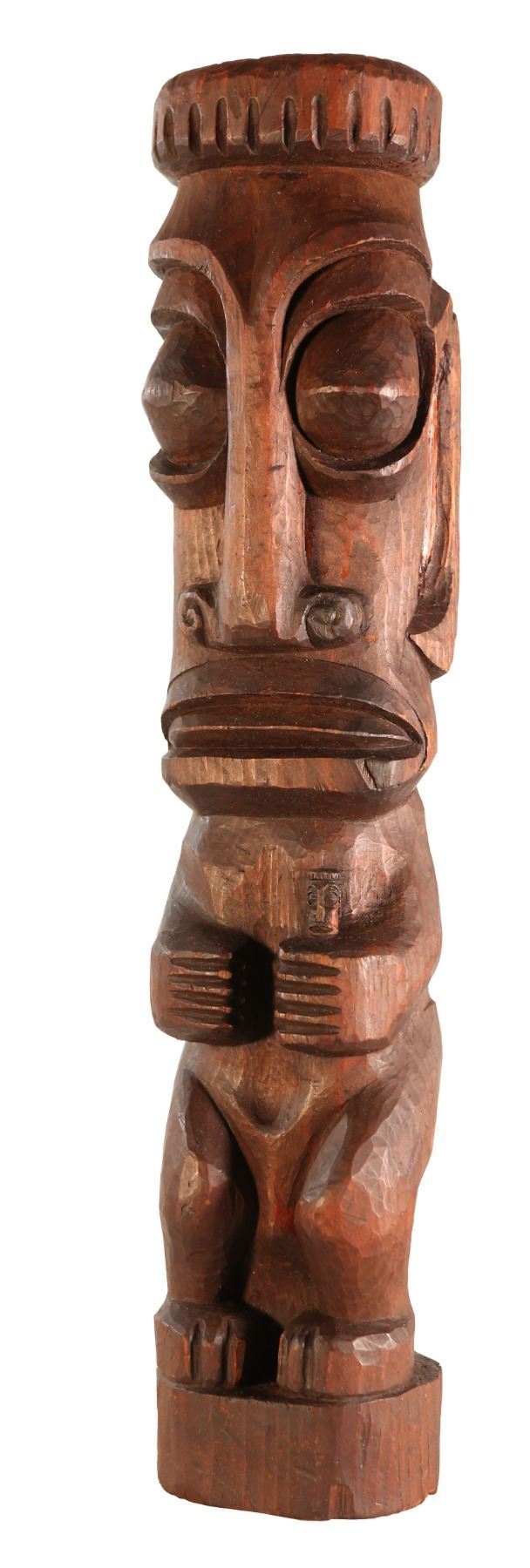 AMAZING STYLIZED MARQUESAN TIKI FIGURAL POLE HOLDING MINI TIKI SIGNED ...