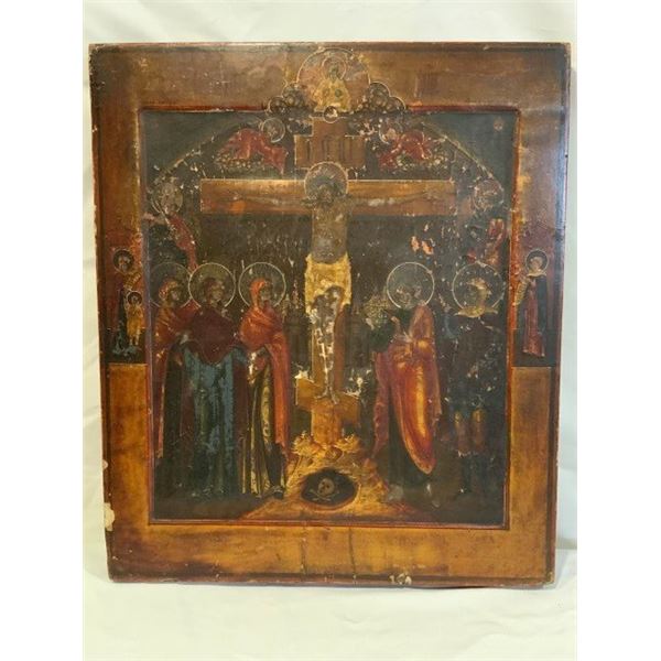 ANTIQUE 18th - early 19th CENTURY RUSSIAN ORTHODOX ICON " CRUCIFIXION"