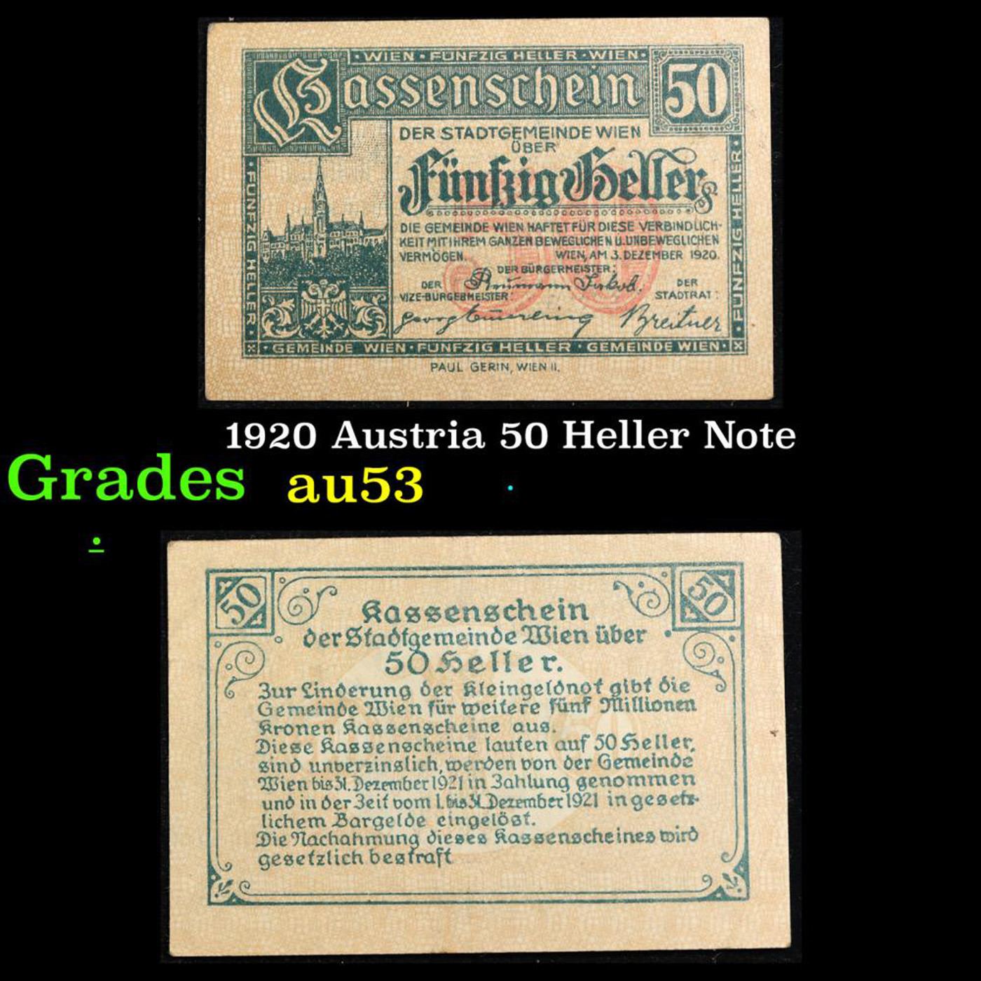 1920 Austria 50 Heller Note Grades Select AU