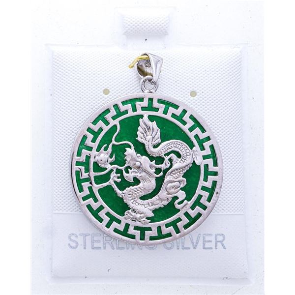 Genuine Round Jade Pendant w/ Sterling Silver Dragon Design