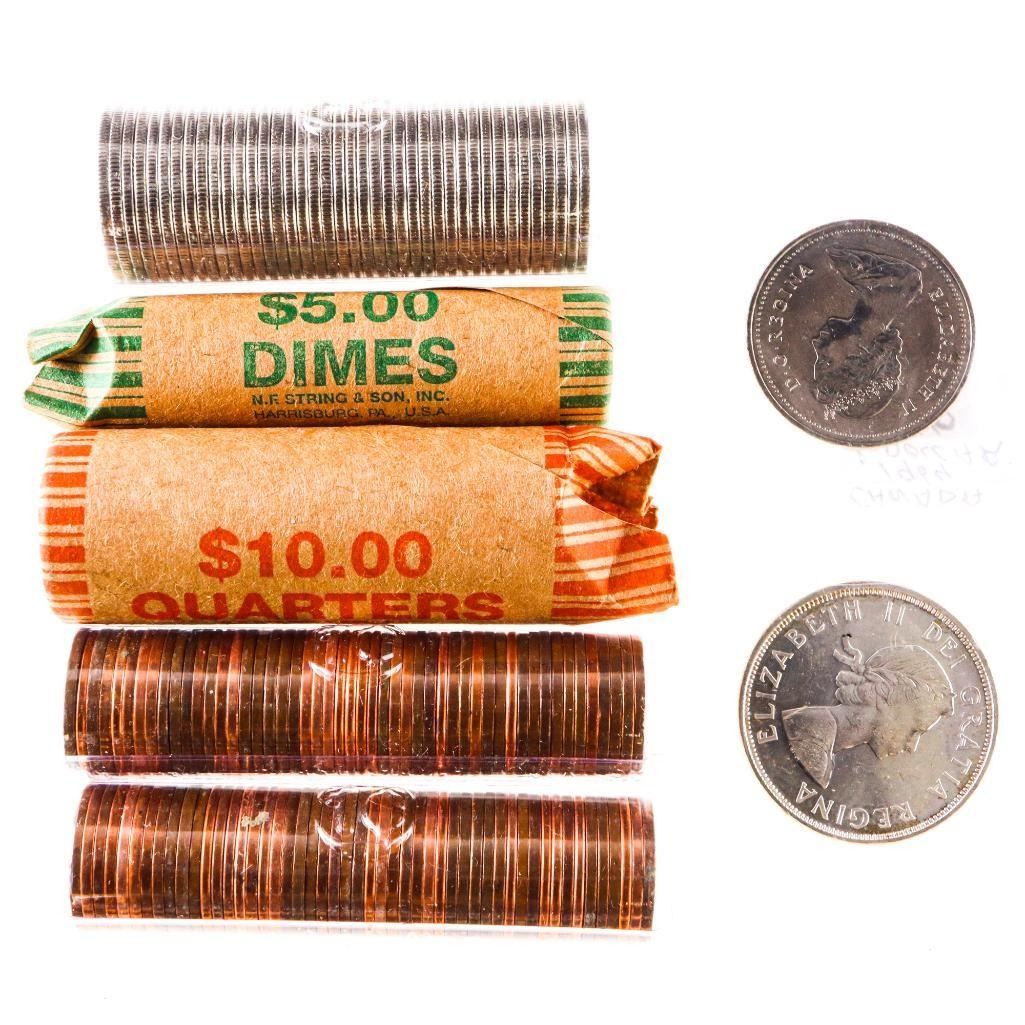 Canada Coin Lot - 2 Rolls x One cent, 1 Roll x 10 cents, 2 Rolls x 25 ...