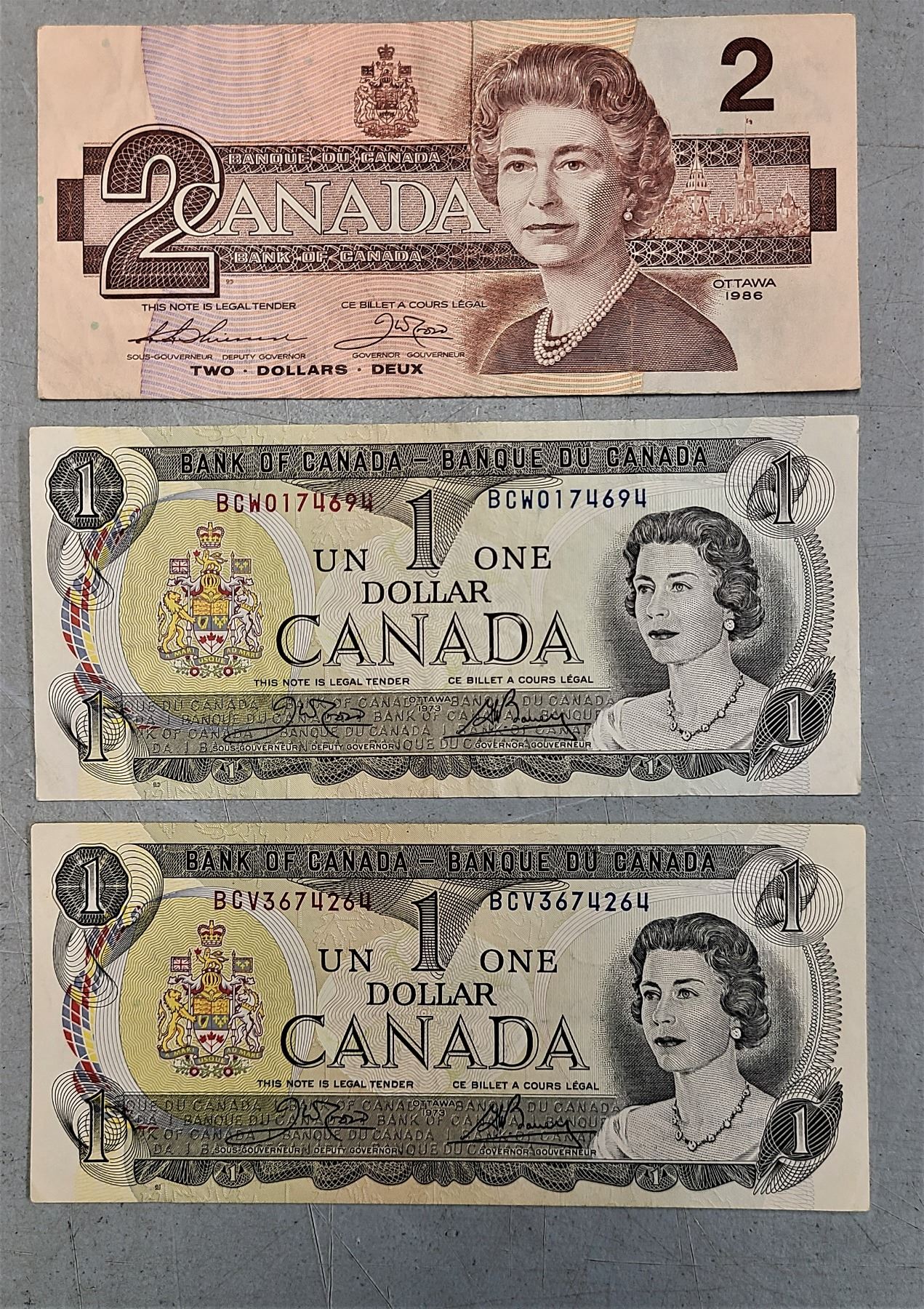 Canadian Banknotes - 2 x $1 and 1 x $2