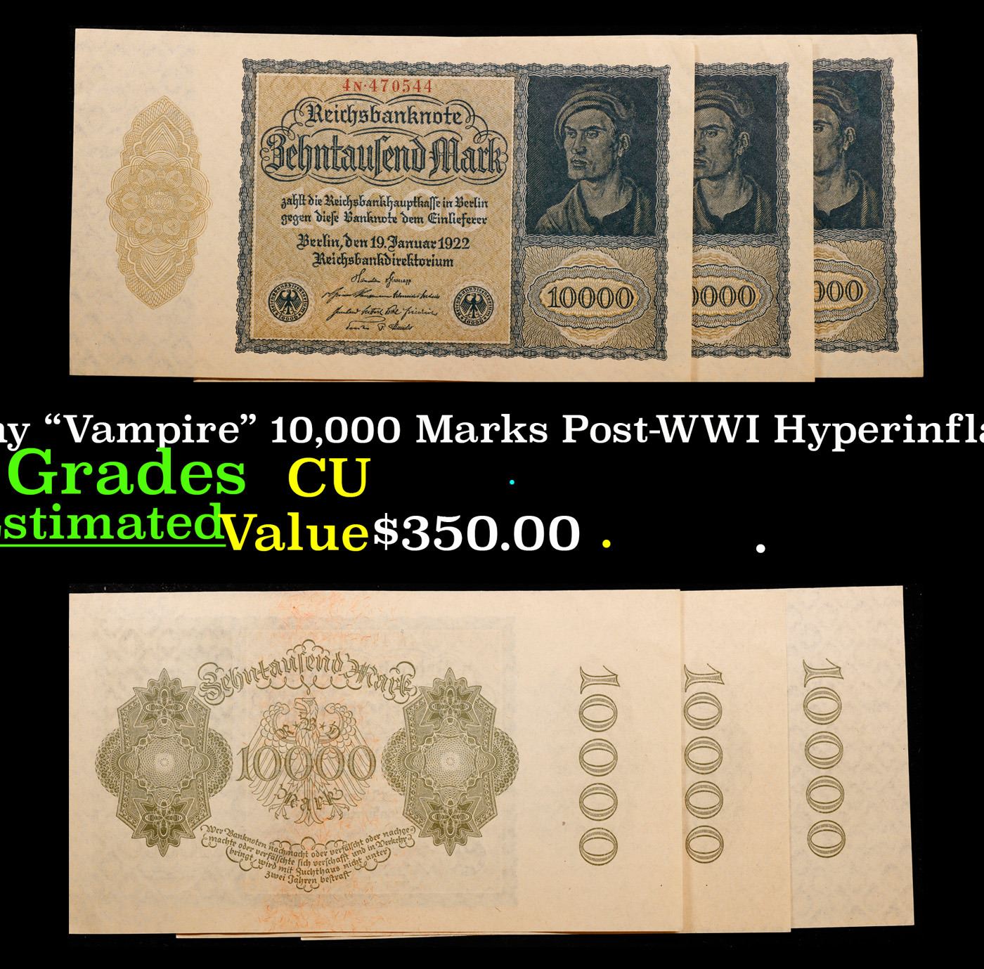 3x Consecutive 1922 Germany "Vampire" 10,000 Marks Post-WWI ...