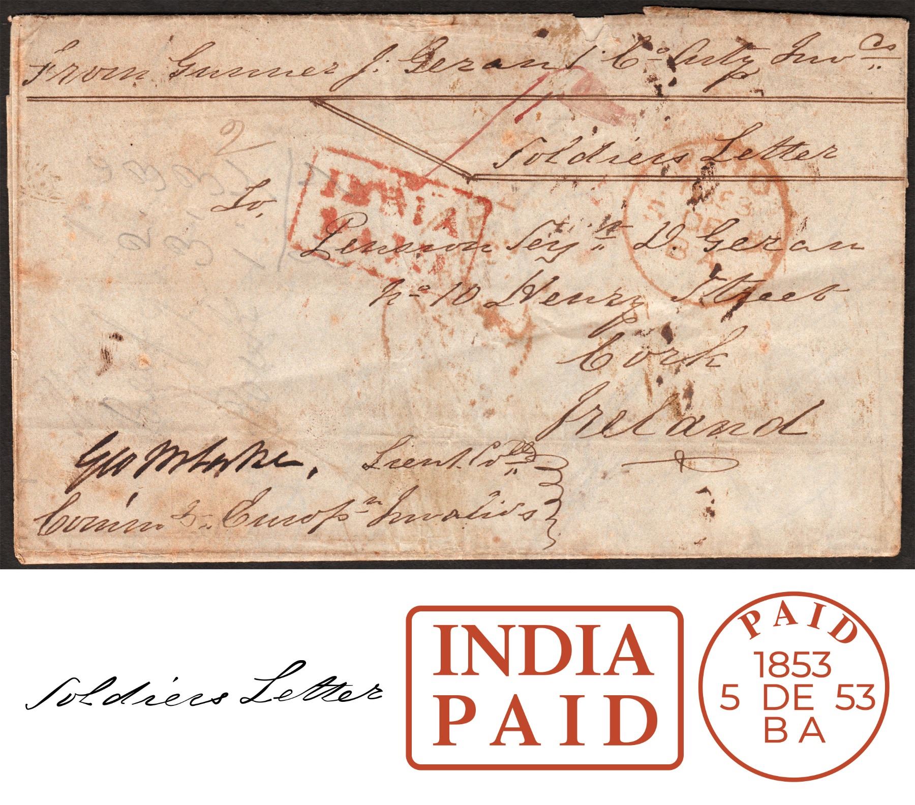 Unrecorded India-Paid Pre Stamp Ship & Soldier’s Letter sent from ...
