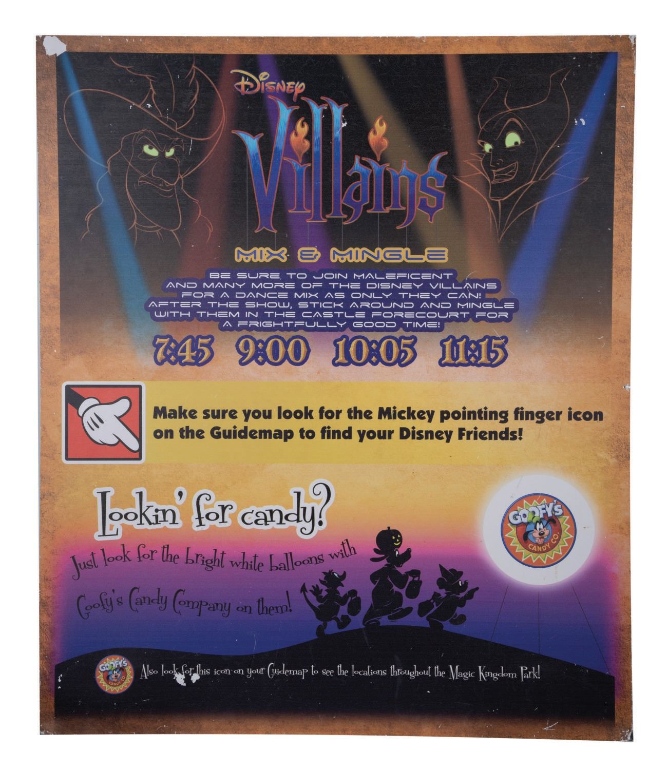 A Walt Disney World Villains Mix & Mingle Park Sign. - Van Eaton Galleries