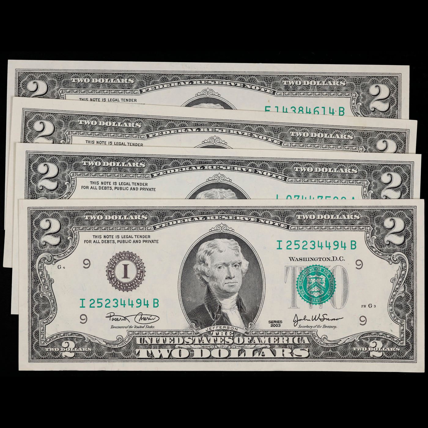 Set of 4x $2 Federal Reserve Notes, Series 1995, 2003, 2009 and 2013 ...