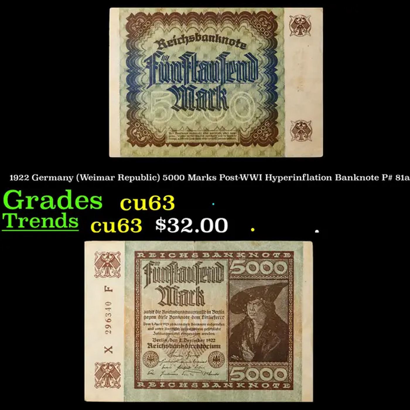 1922 Germany (Weimar Republic) 5000 Marks Post-WWI Hyperinflation ...