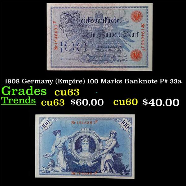 1908 Germany (Empire) 100 Marks Banknote P# 33a Grades Select CU