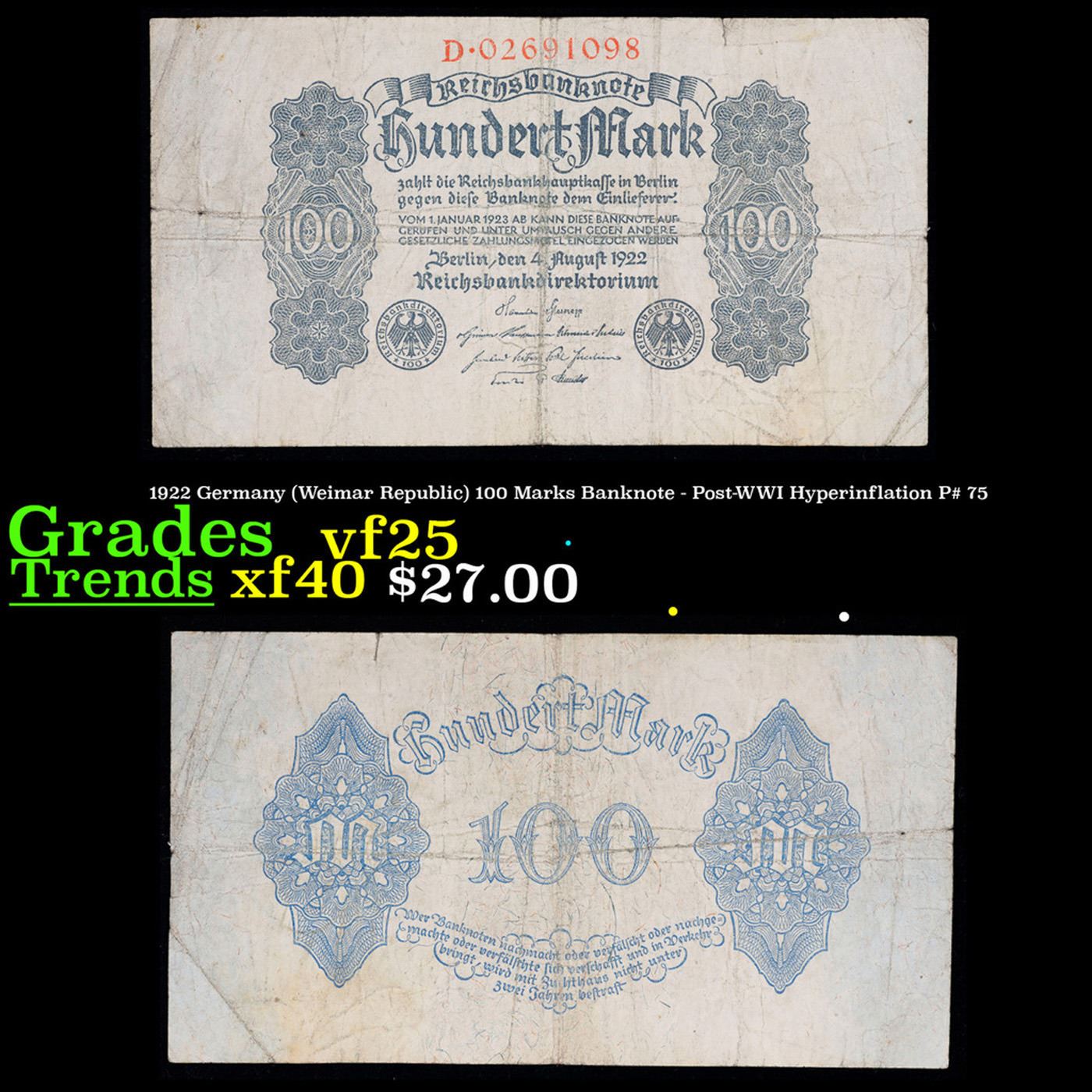 1922 Germany (Weimar Republic) 100 Marks Banknote - Post-WWI ...