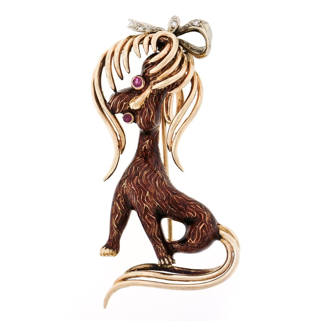 Large Vintage 18K Gold Enamel Ruby & Diamond Detailed Spaniel Dog ...