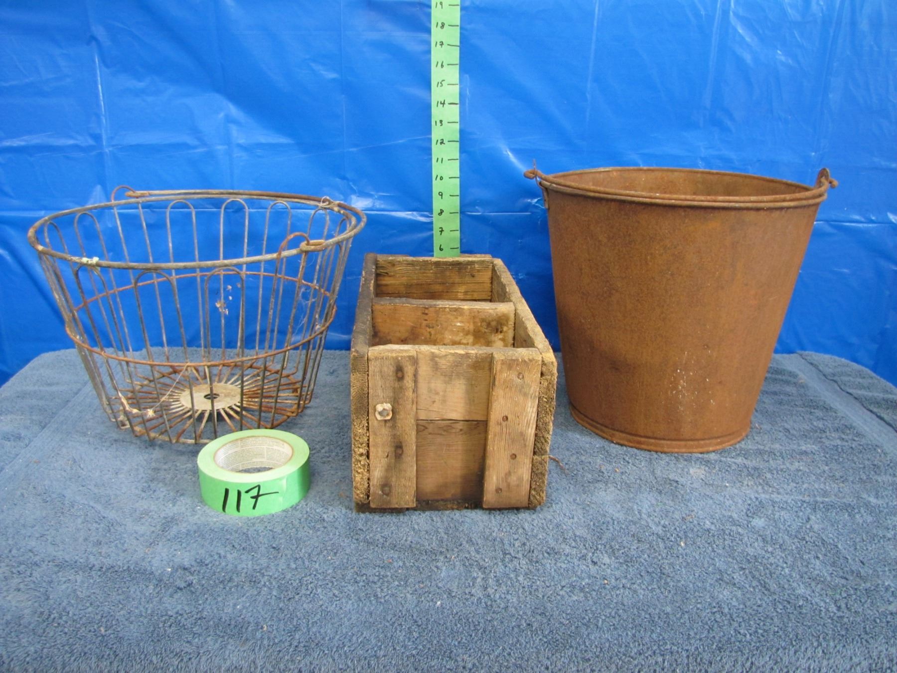 Egg basket , rusty metal pail, vintage wood box
