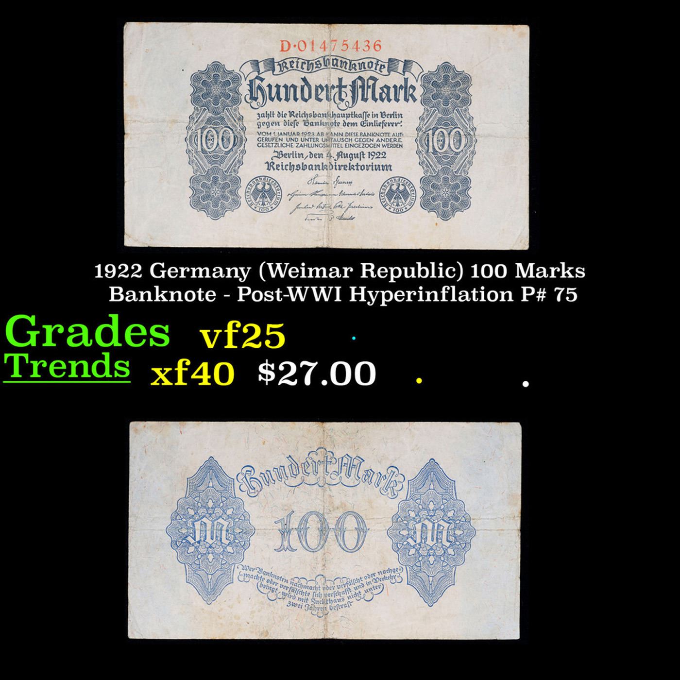 1922 Germany (Weimar Republic) 100 Marks Banknote - Post-WWI ...