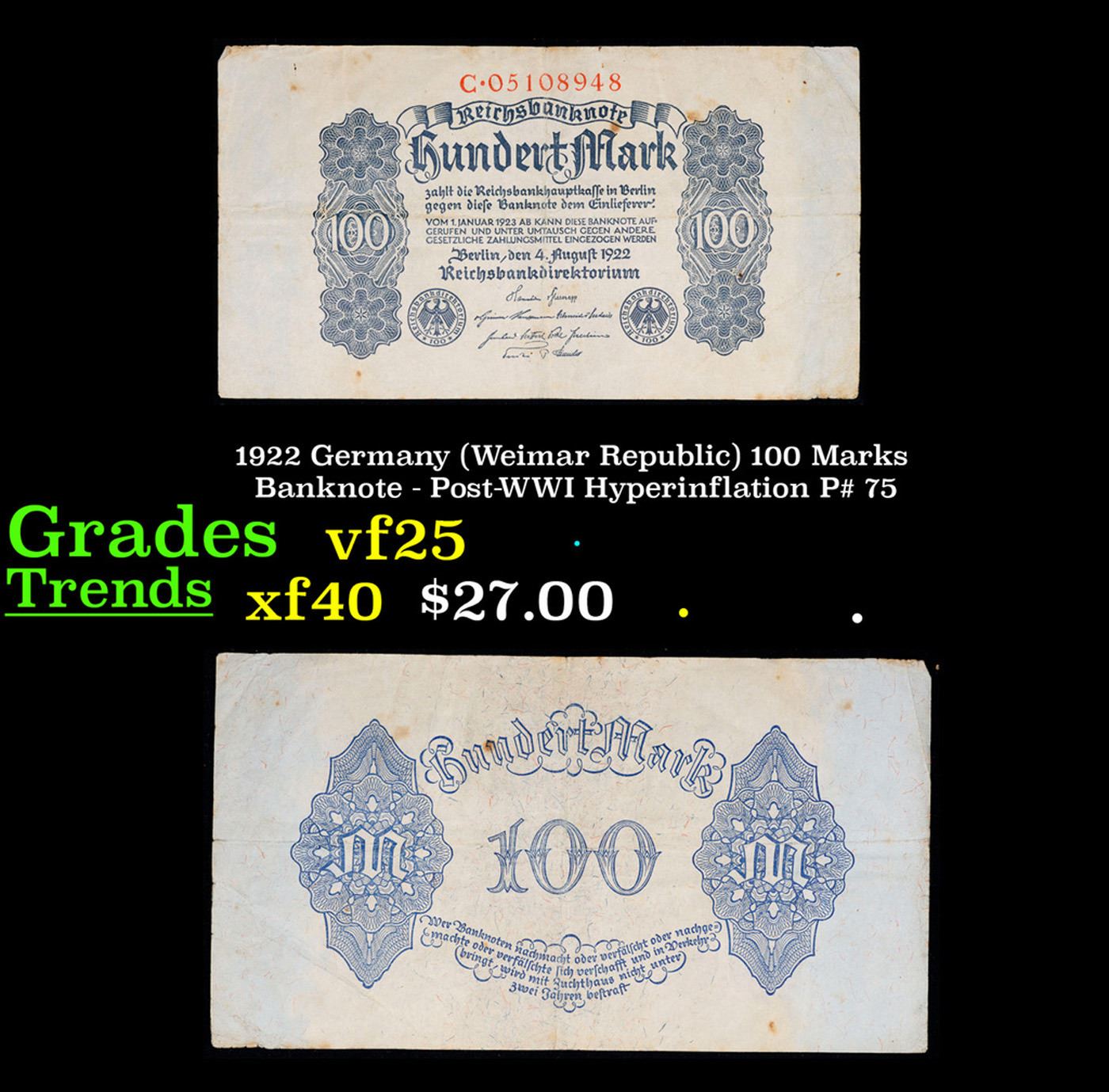 1922 Germany (Weimar Republic) 100 Marks Banknote - Post-WWI ...