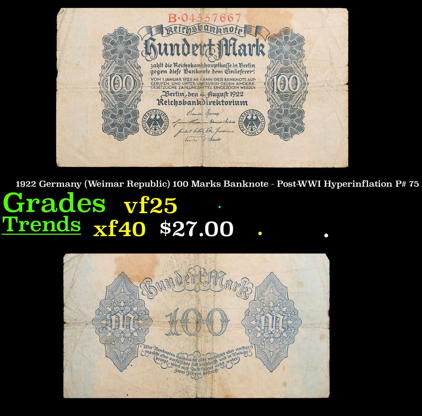 1922 Germany (Weimar Republic) 100 Marks Banknote - Post-WWI ...