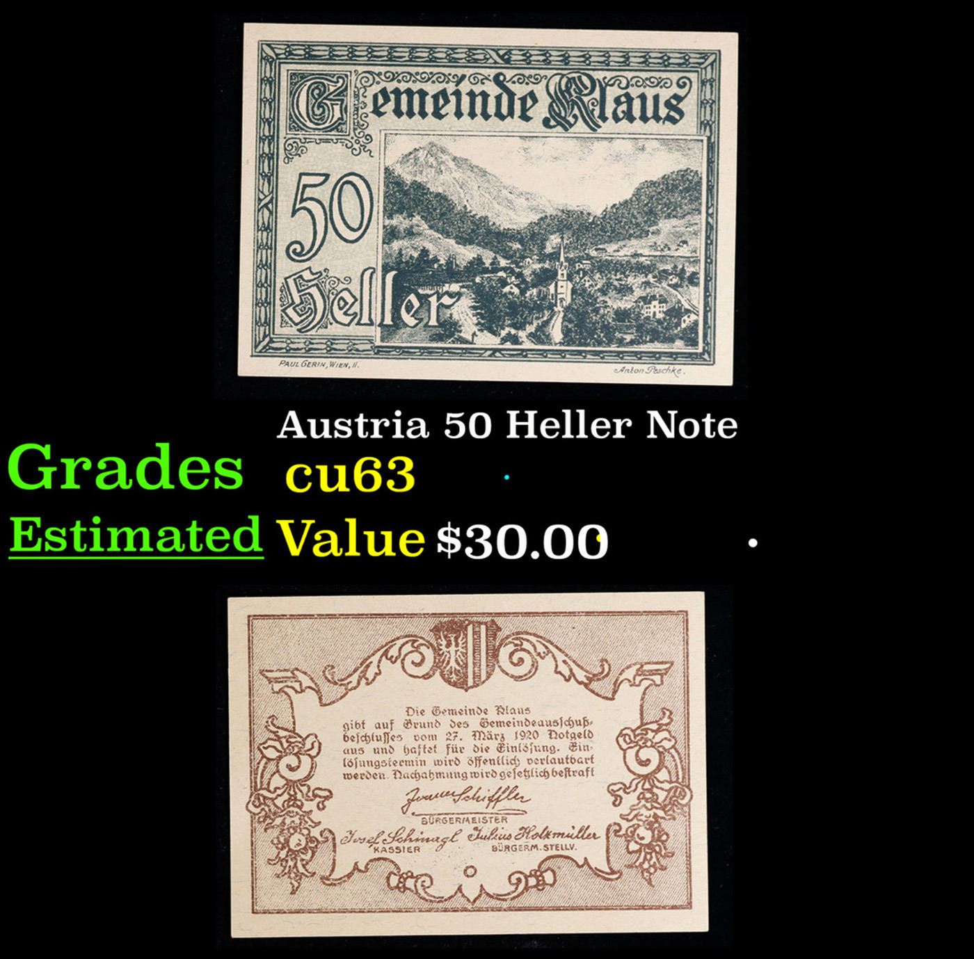 Austria 50 Heller Note Grades Select CU
