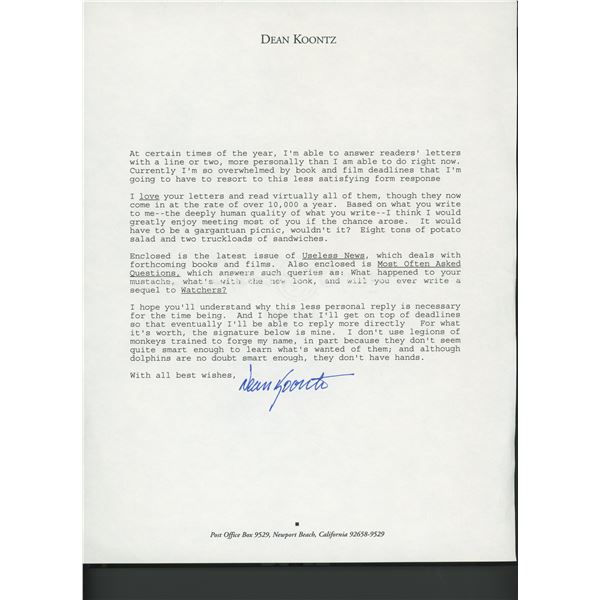 Artist Dean Koontz signed letter