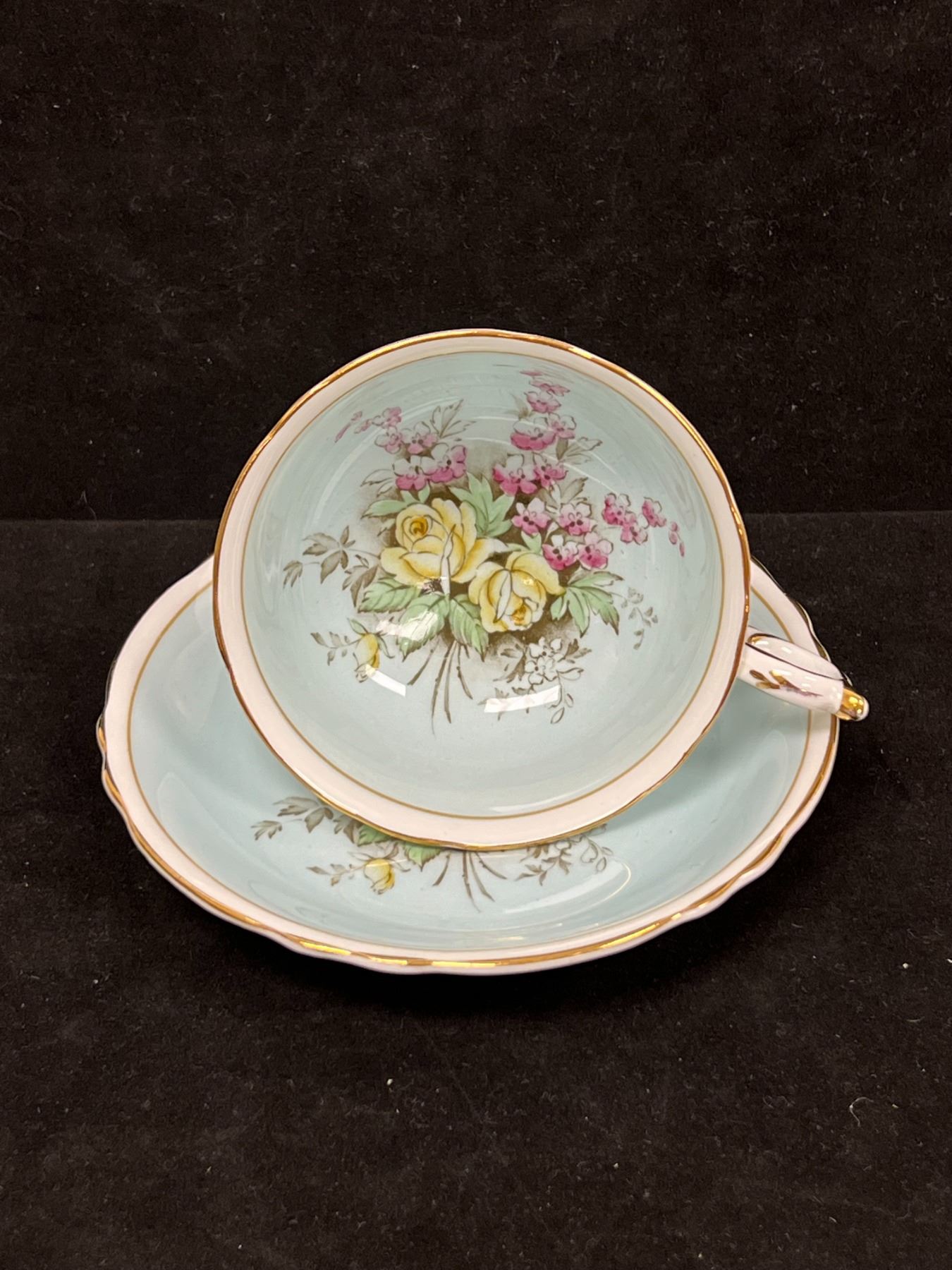 Paragon Yellow Roses / Flowers on Blue Tea Cup + Saucer Fine Bone China ...