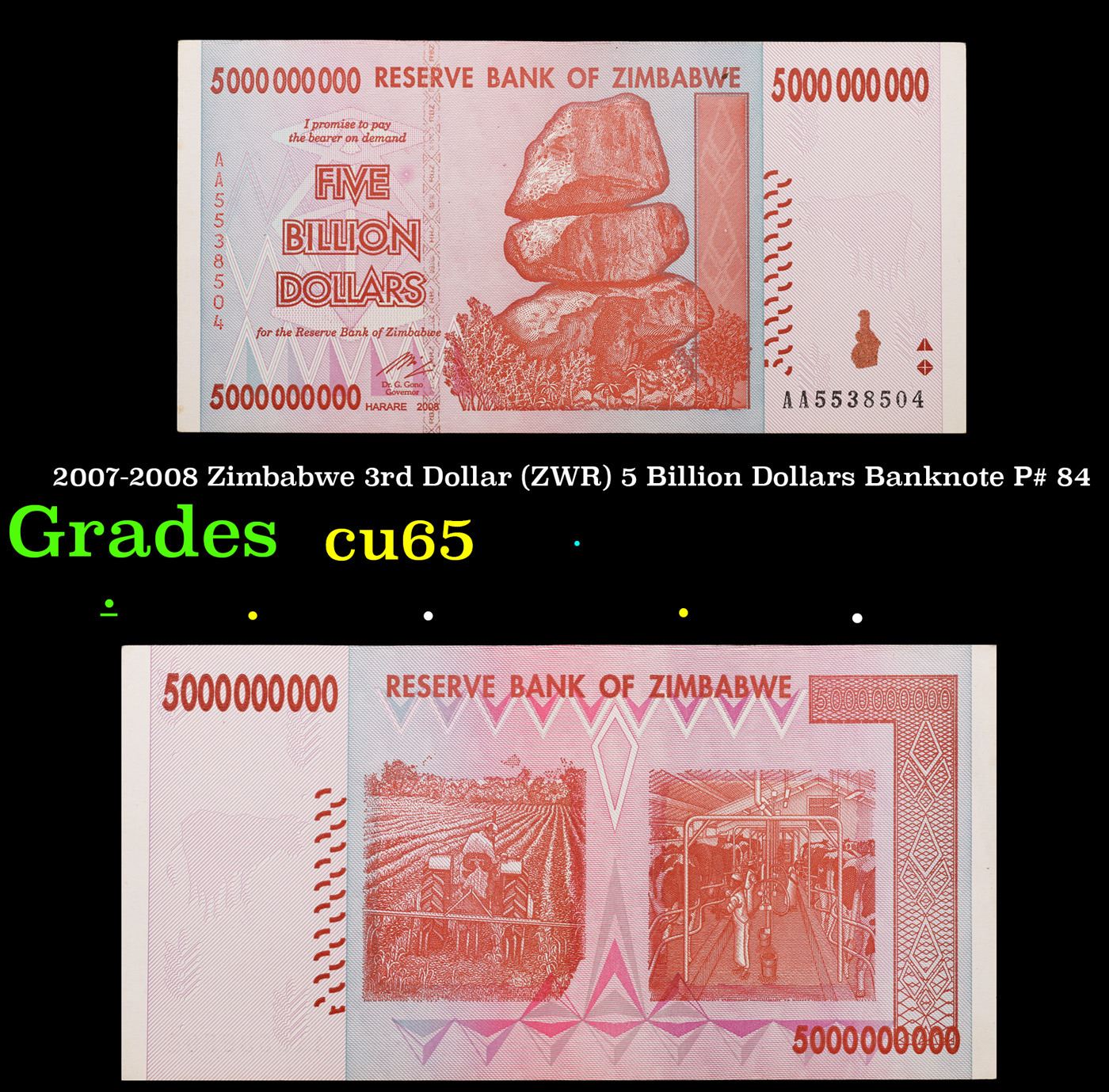 2007-2008 Zimbabwe 3rd Dollar (ZWR) 5 Billion Dollars Banknote P# 84 ...