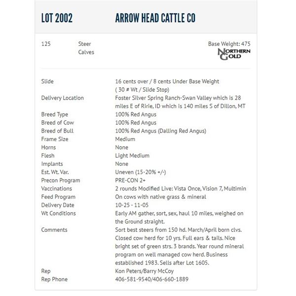 Arrow Head Cattle Co - 125 Steers Base Weight: 475