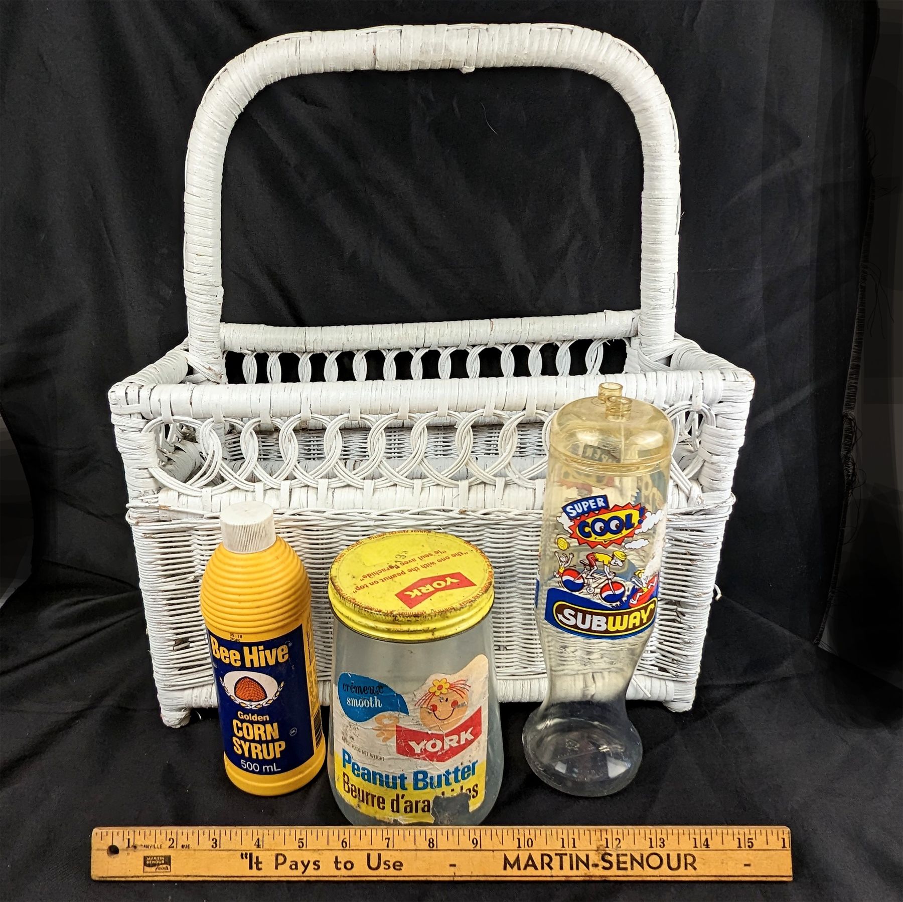 White Wicker Basket With 3 Vintage Bottles & A Wooden Ruler
