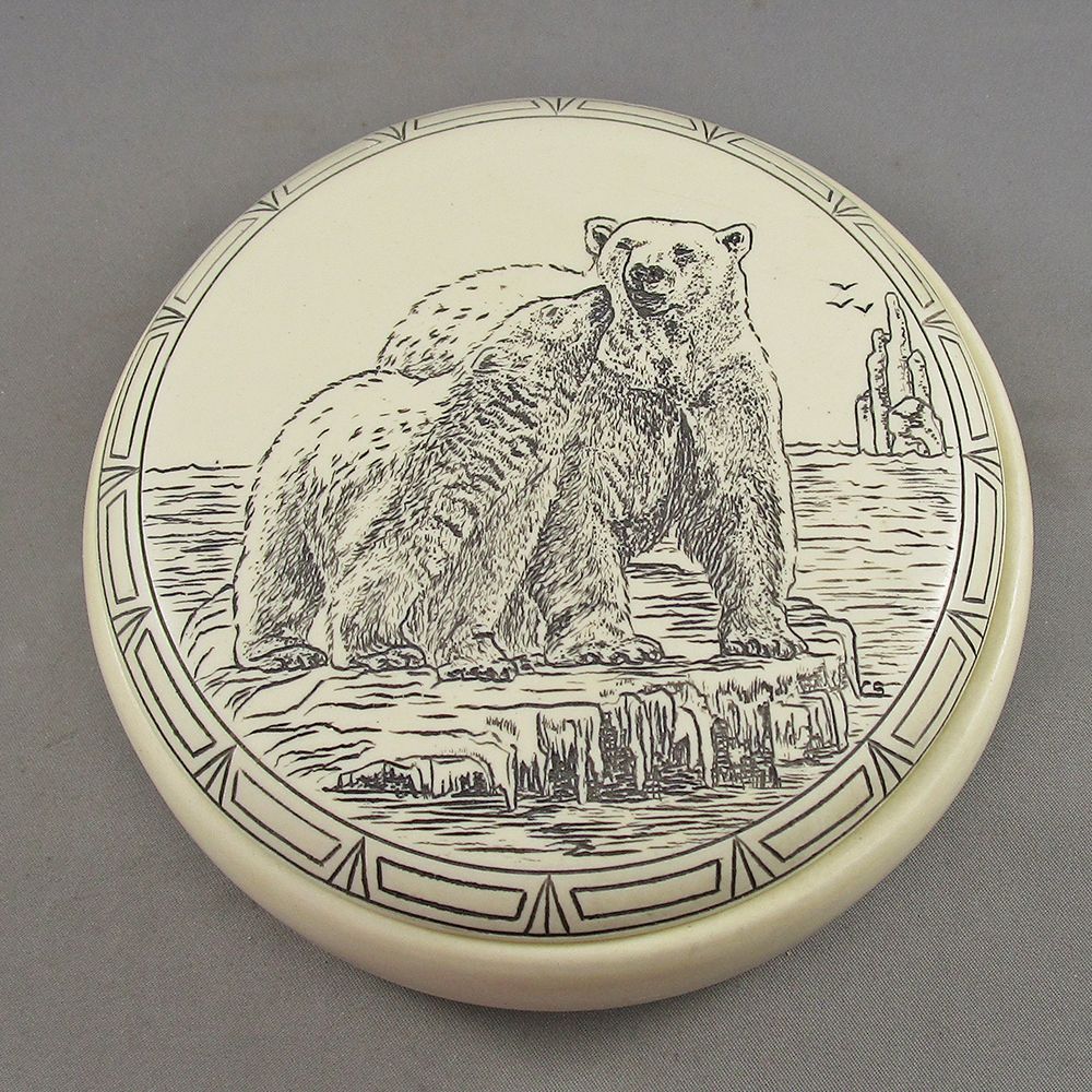 Faux Scrimshaw Polar Bears Trinket Box with Lid