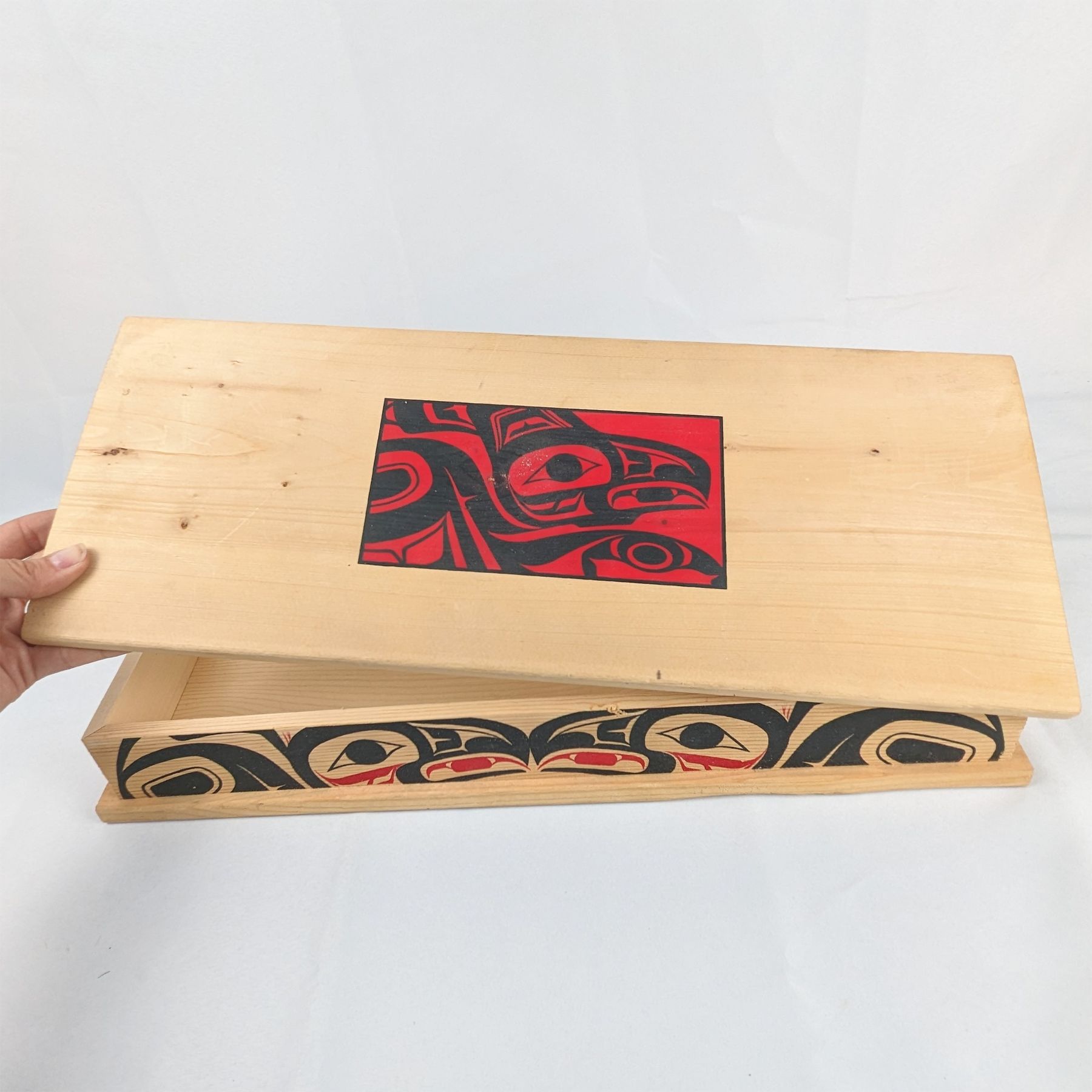 Vintage Cedar Salmon Box with West Coast Haida Art