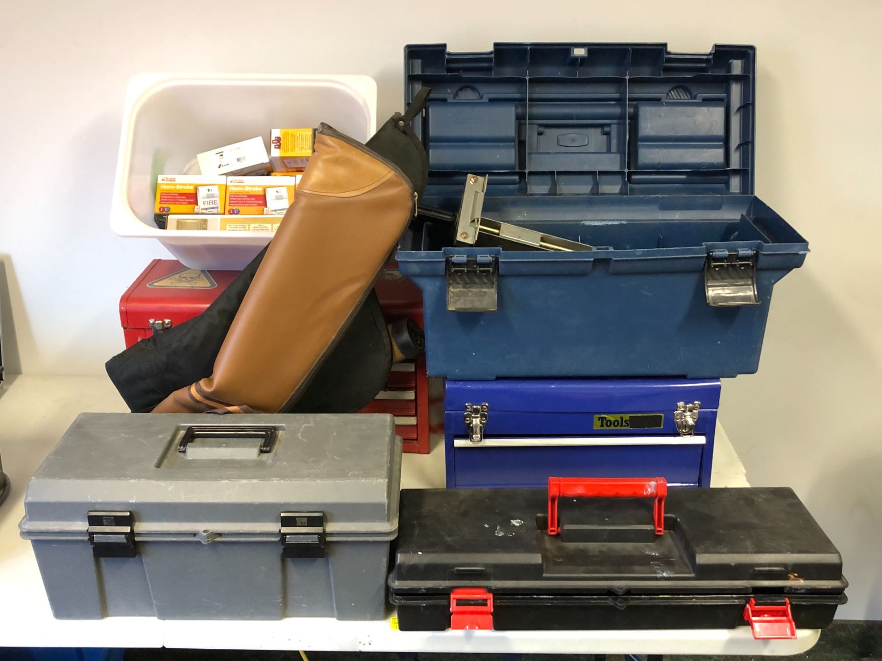 Group of assorted tool boxes & misc - includes group of fire alarm ...