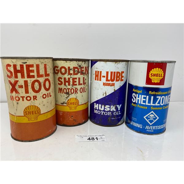 4 Vintage Oil Cans, Shell, Husky, Etc..