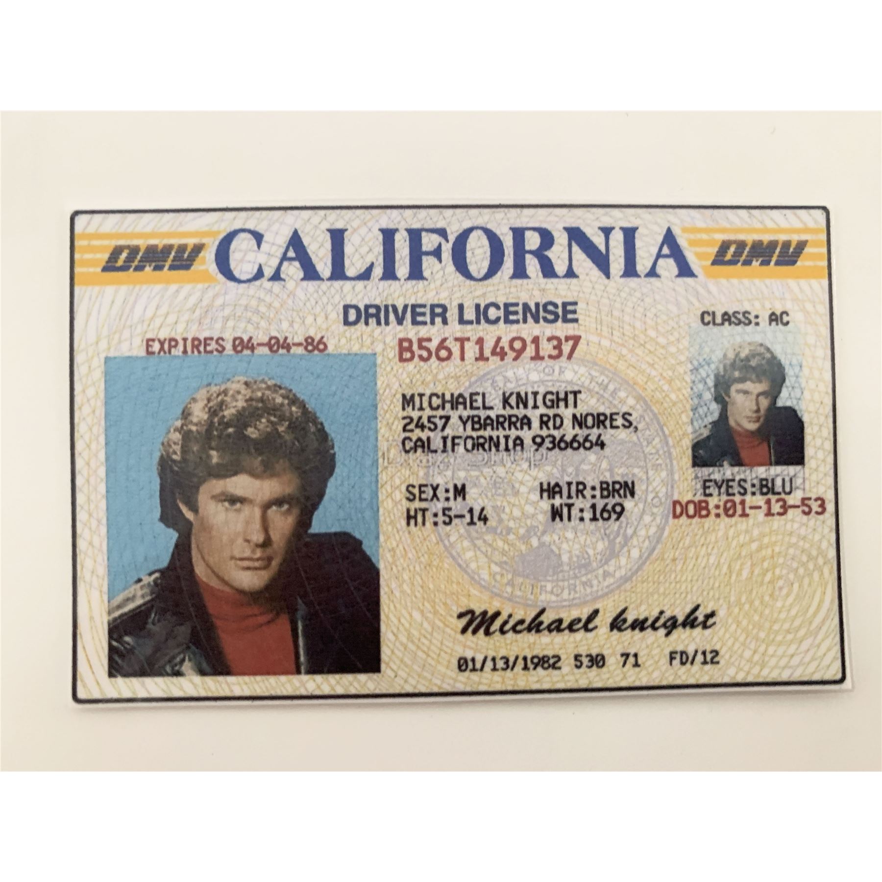 Knight Rider David Hasselhoff / Michael Knight Driver's License Prop