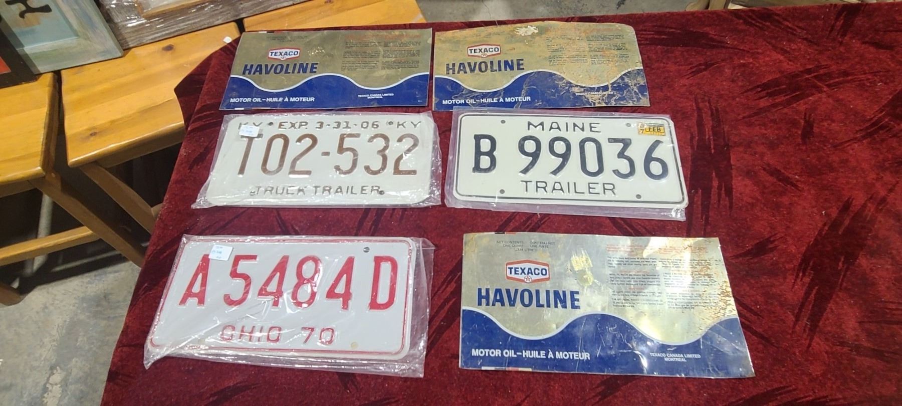 THREE USA LICENSE PLATES PLUS THREE TEXACO OIL CAN CUTOUTS