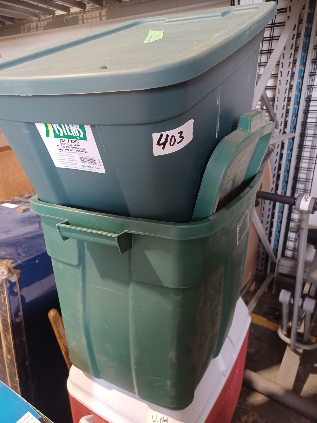TWO LARGE GREEN TOTES AND GARBAGE CAN
