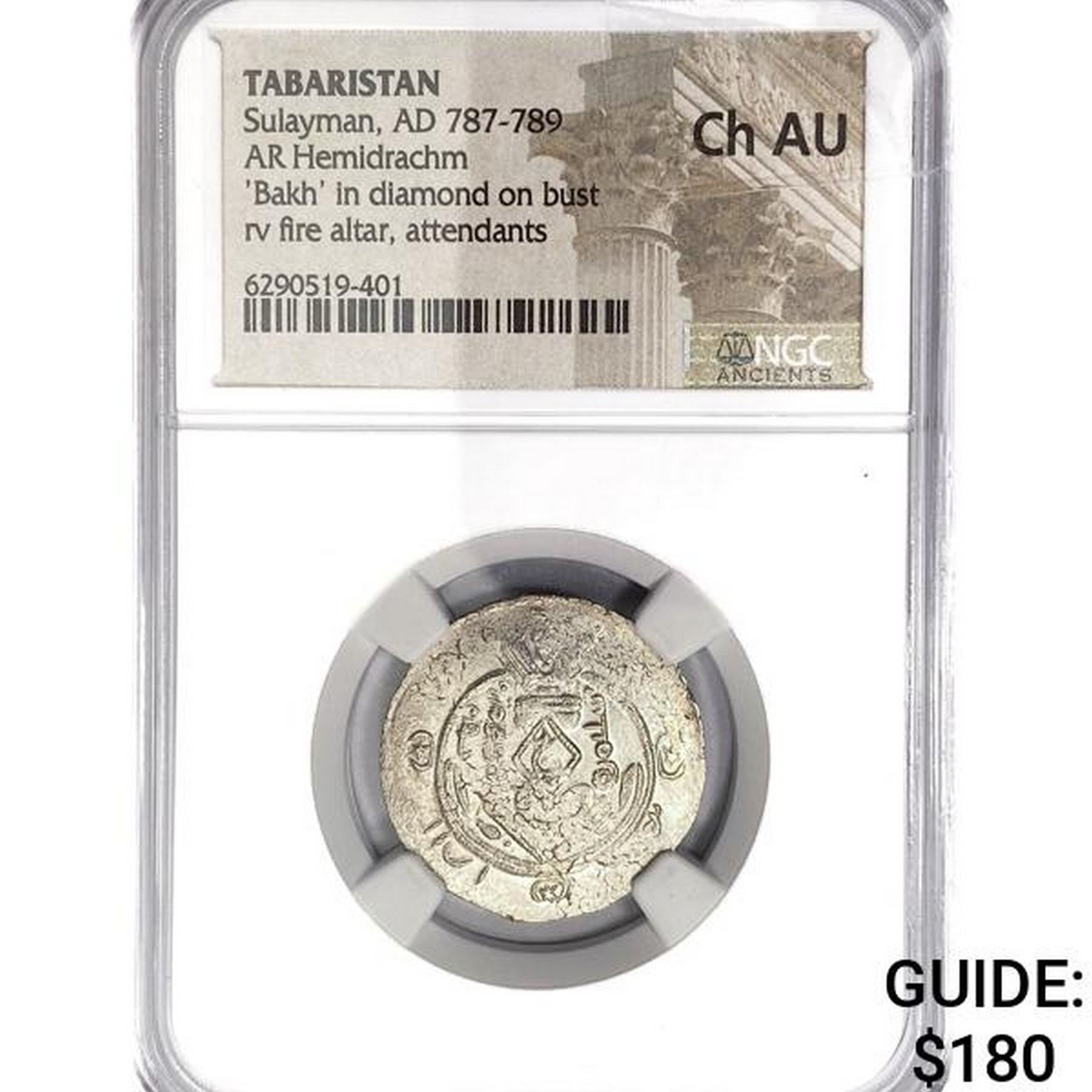 787-789 AD Tabaristan Silver Hemidrachm NGC Ch AU