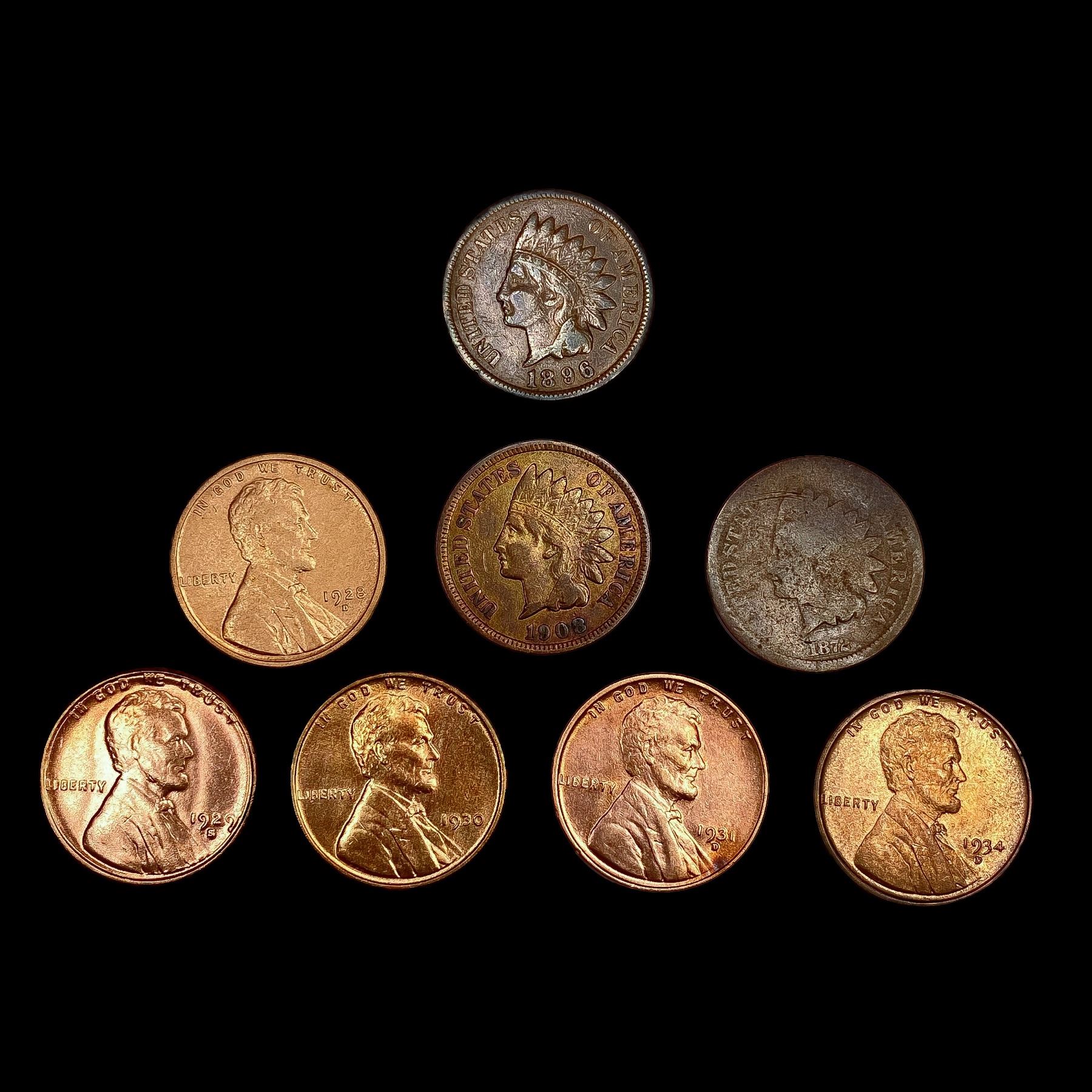 (8) Varied US Cents (1873, 1896, 1908, 1928-D, 192
