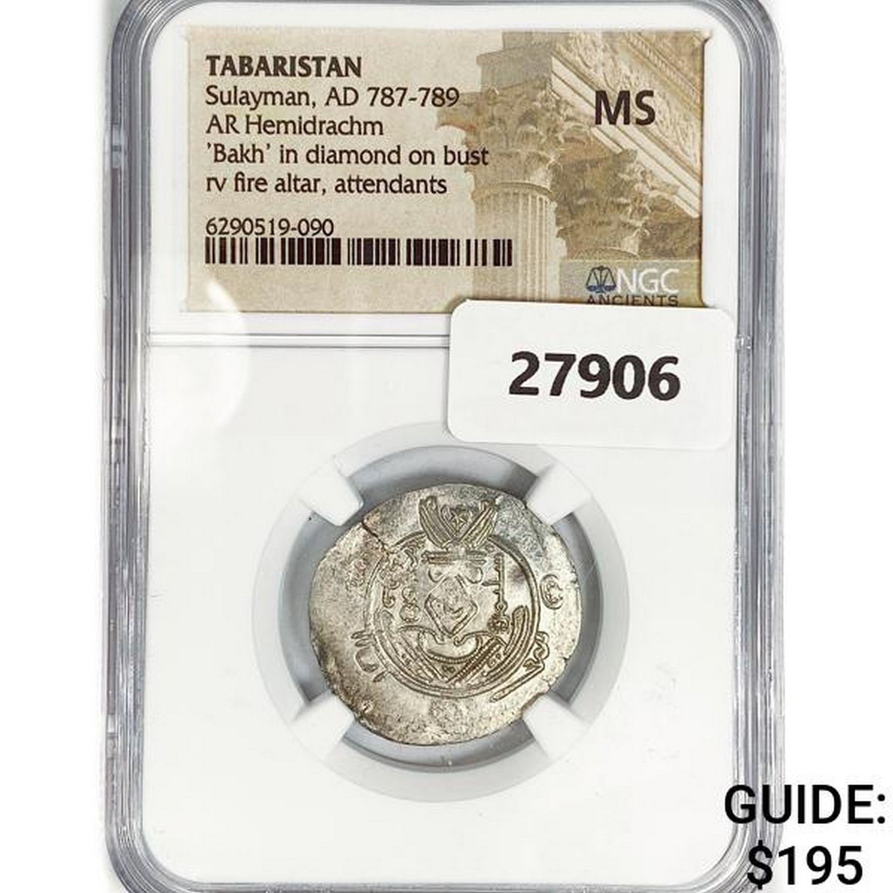 787-789 AD Tabaristan Silver Hemidrachm NGC MS