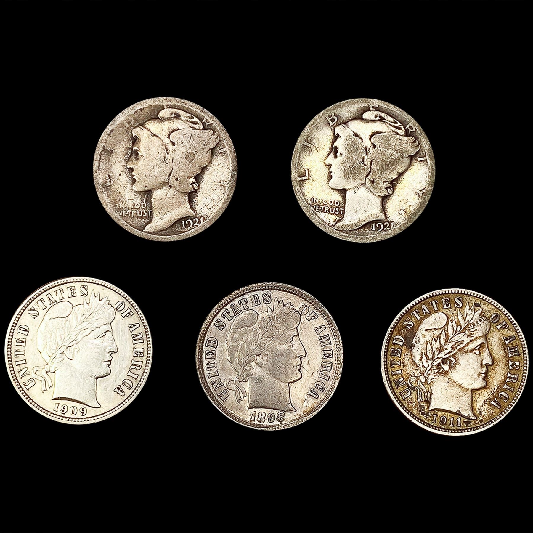 (5) Varied US Silver Dimes (1898, 1909, 1911-D, 19
