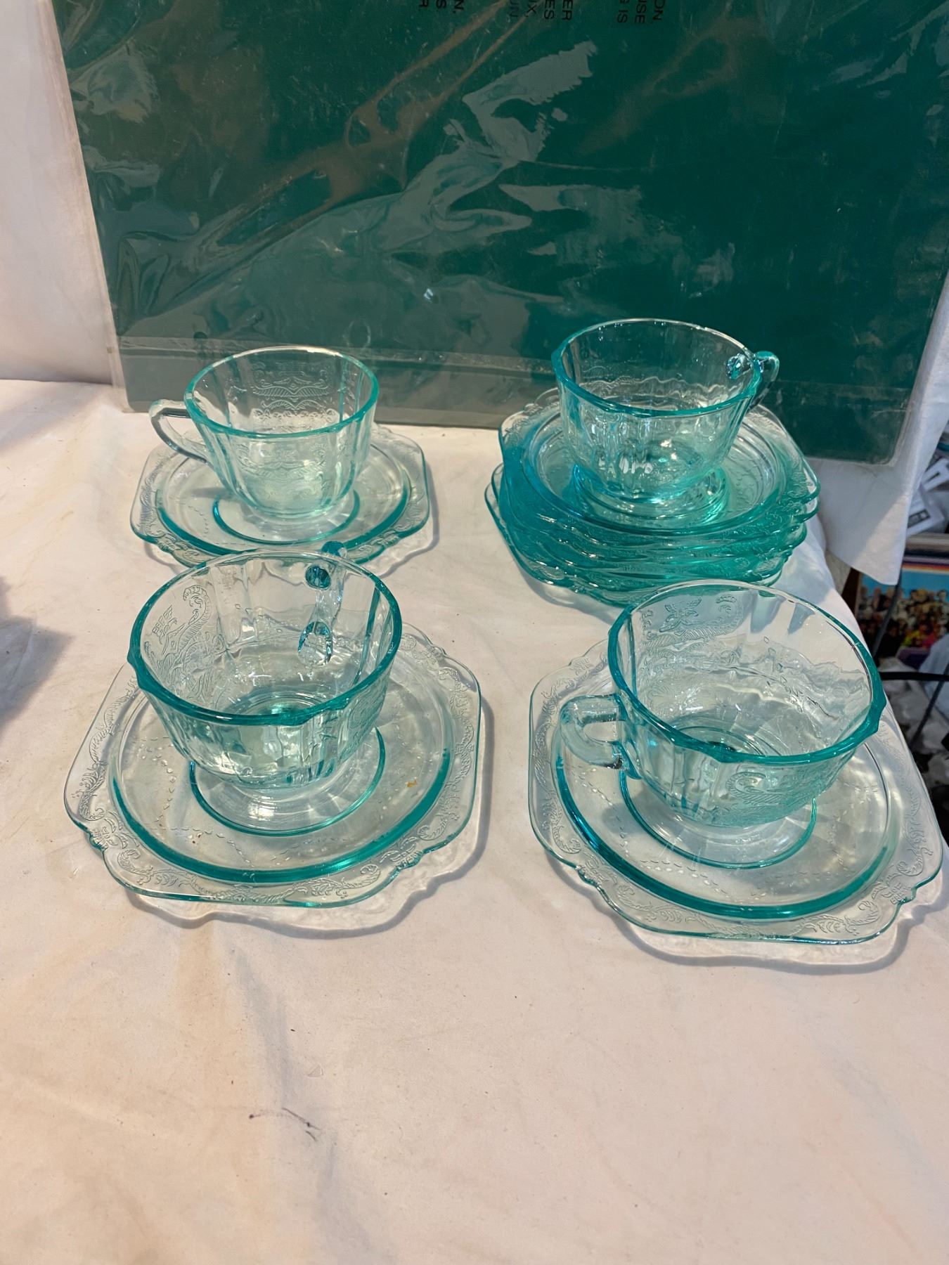 Cups and saucers federal Depression glass Madrid aqua Blue 4 mugs and 8 ...