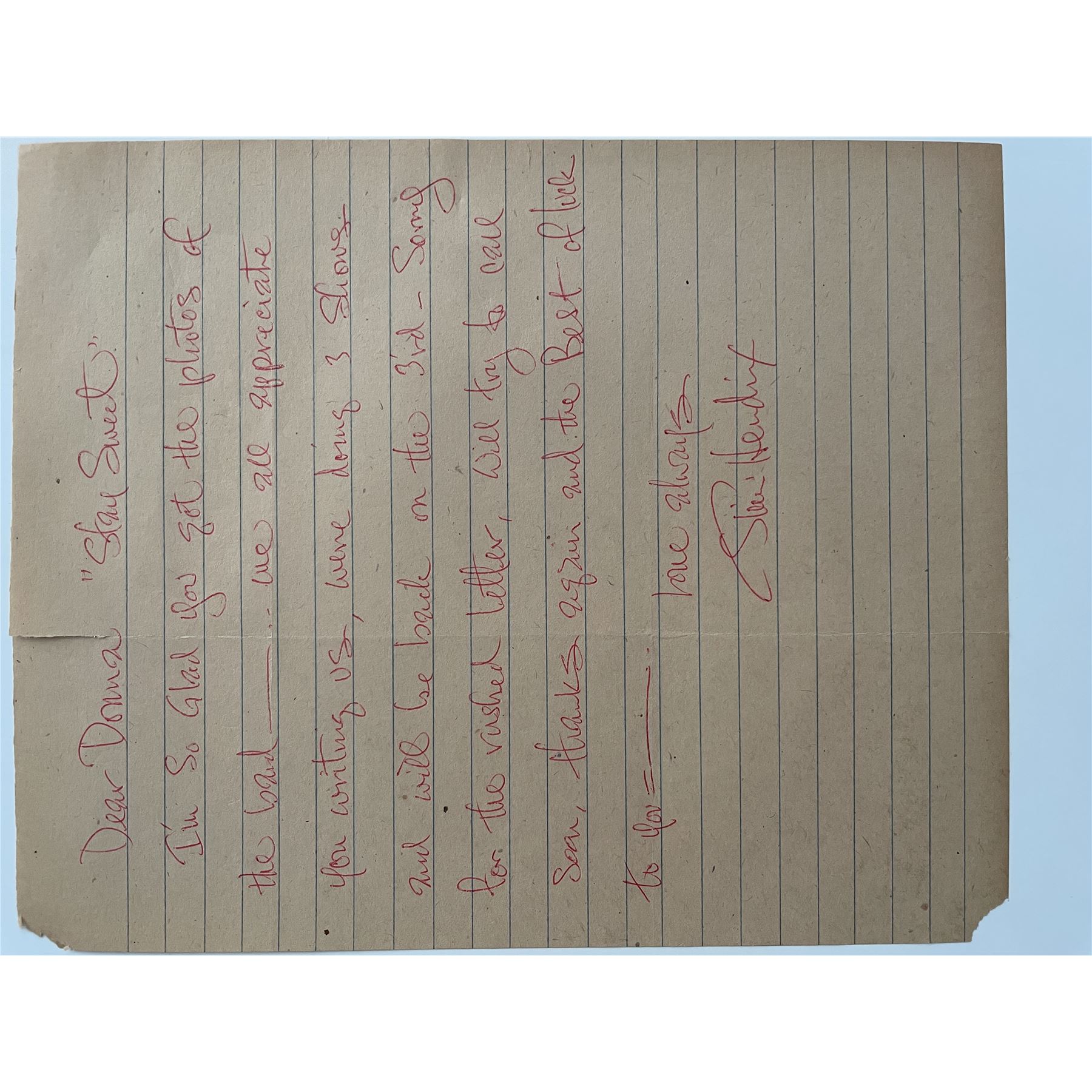 Jimi Hendrix handwritten signed letter