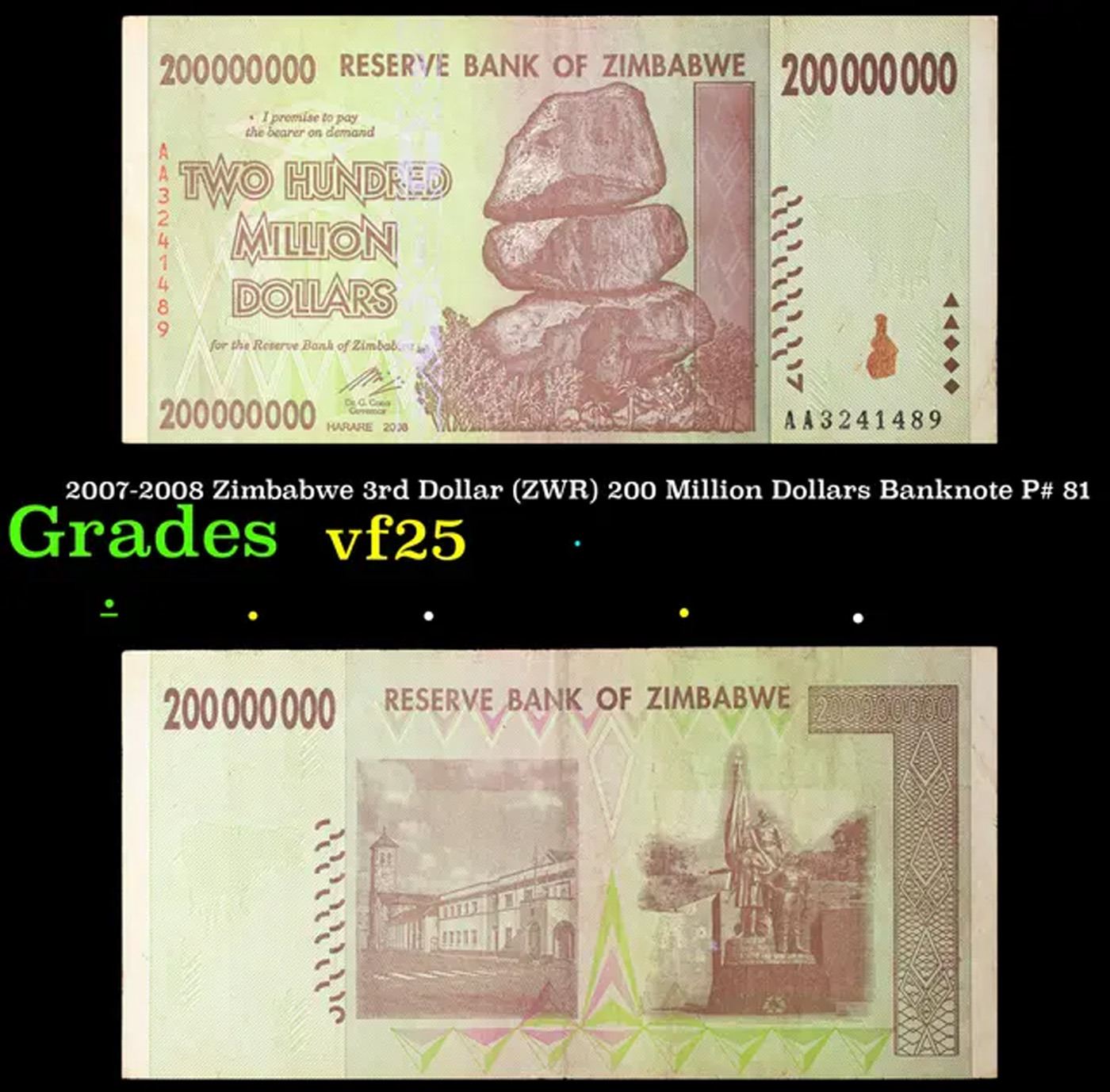 2007-2008 Zimbabwe 3rd Dollar (ZWR) 200 Million Dollars Banknote P# 81 ...