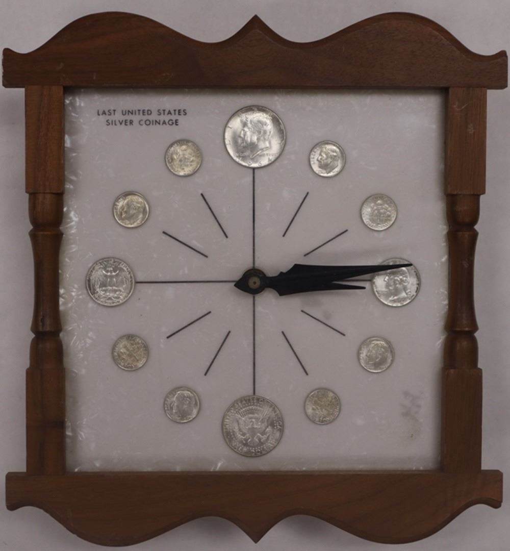 WOOD MARIAN KAY SILVER COIN CLOCK