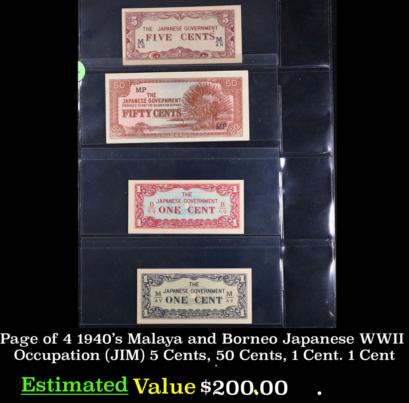 Page of 4 1940's Malaya and Borneo Japanese WWII Occupation (JIM) 5 Cents, 50 Cents, 1 Cent. 1 Cent