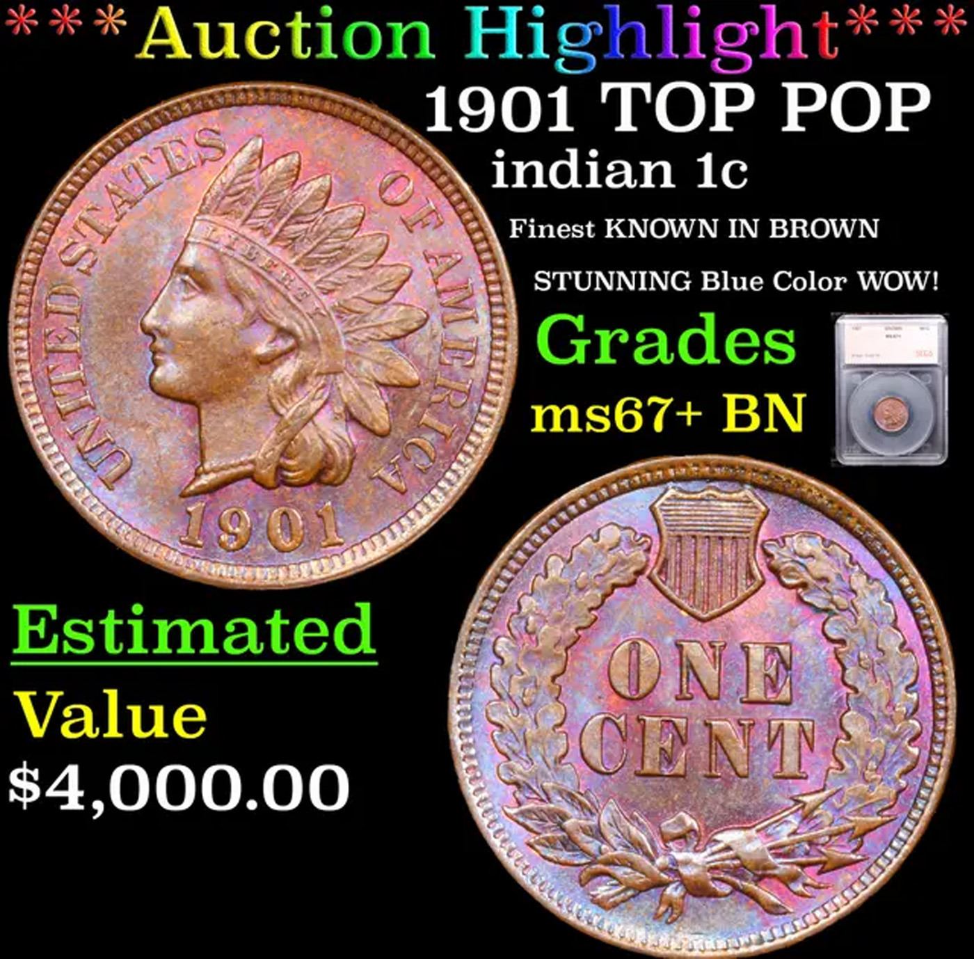 ***Auction Highlight*** 1901 Indian Cent TOP POP 1c Grades GEM++ BN By ...